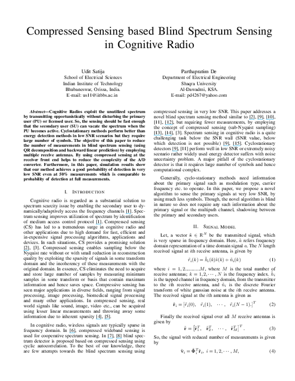 (PDF) Compressed sensing based blind spectrum sensing in cognitive radio