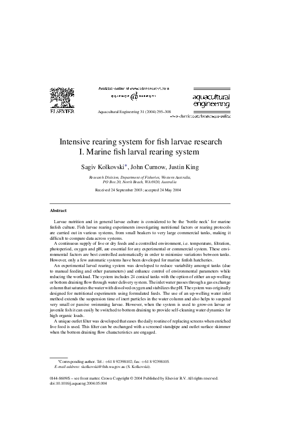 (PDF) Intensive rearing system for fish larvae research