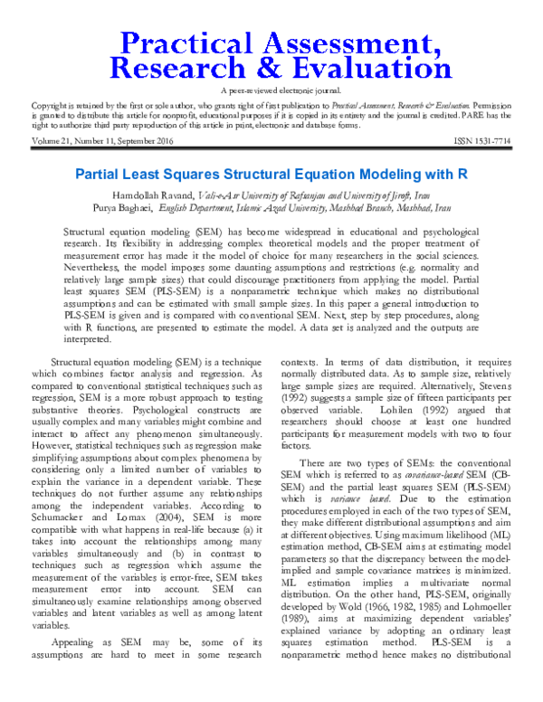 Pdf Partial Least Squares Structural Equation Modeling With R