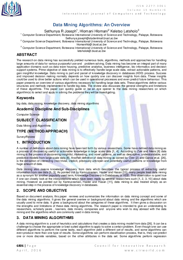 (PDF) Data Mining Algorithms: An Overview (PDF) Data Mining Algorithms: An Overview