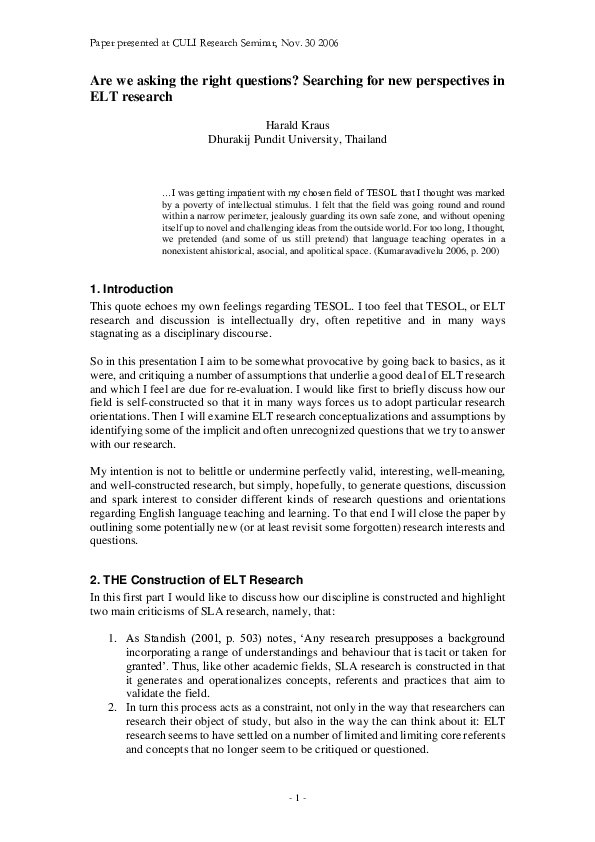 (PDF) Are we asking the right questions? Searching for new perspectives ...