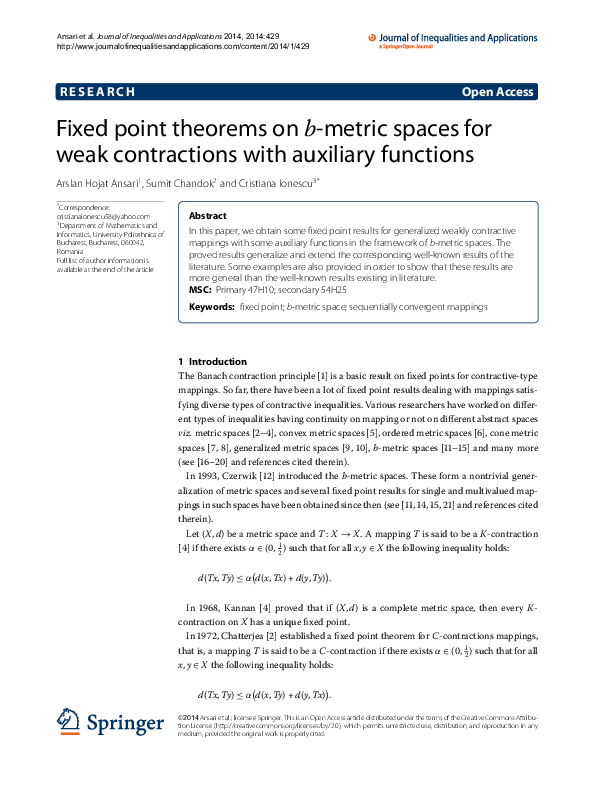 (PDF) Fixed point theorems on b-metric spaces for weak contractions with auxiliary functions
