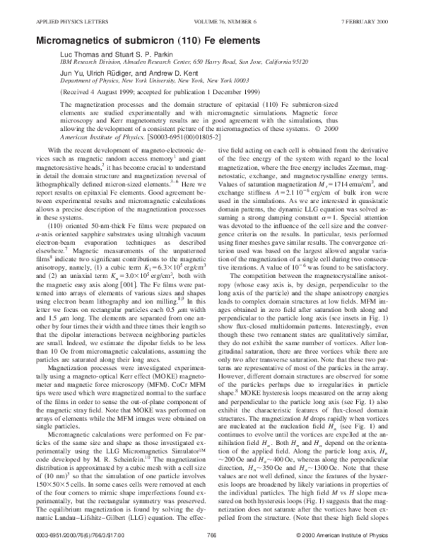 (PDF) Micromagnetics of submicron (110) Fe elements