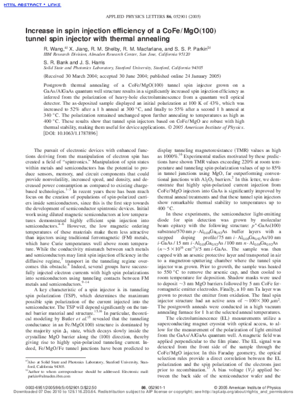 (PDF) Increase in spin injection efficiency of a CoFe∕MgO(100) tunnel ...