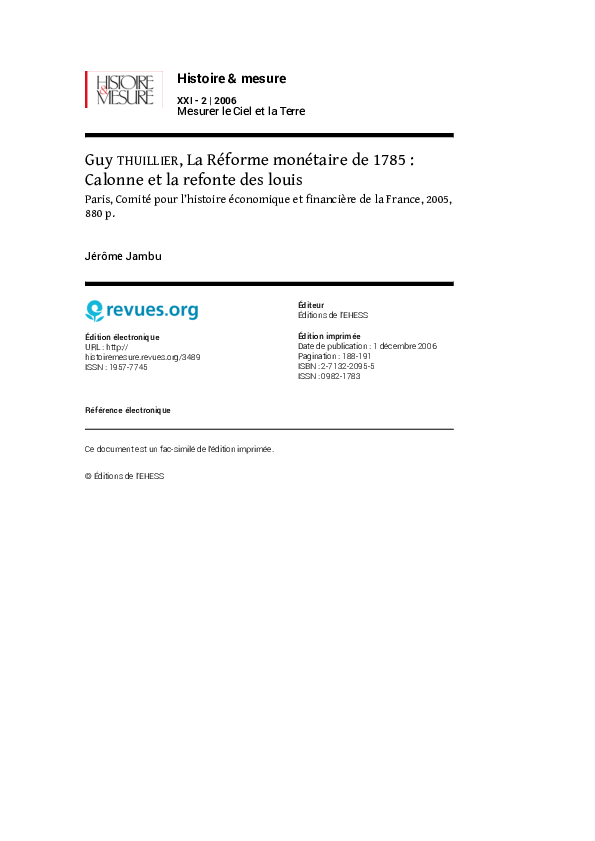 (PDF) Compte-rendu de Guy Thuillier, La Réforme monétaire de 1785 ...