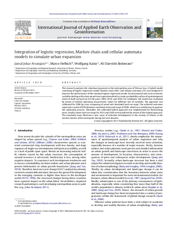 Pdf Integration Of Logistic Regression Markov Chain And Cellular