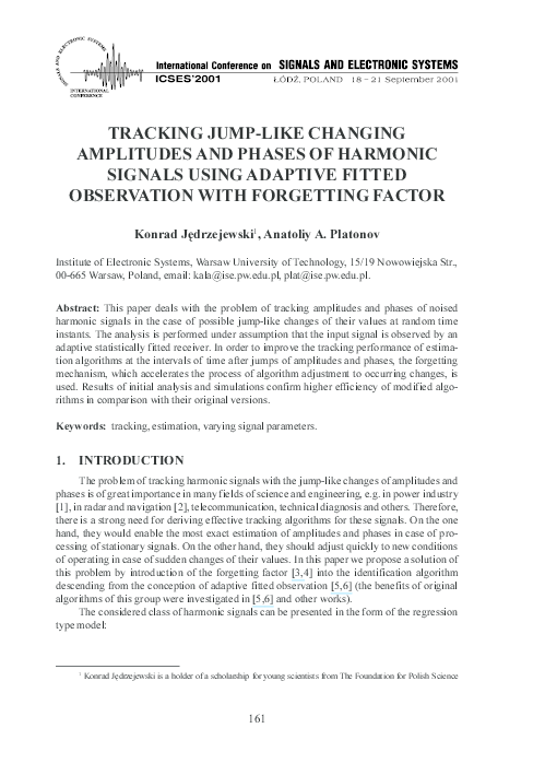 (PDF) Tracking Jump-like Changing Amplitudes and Phases of Harmonic Signals Using Adaptive ...