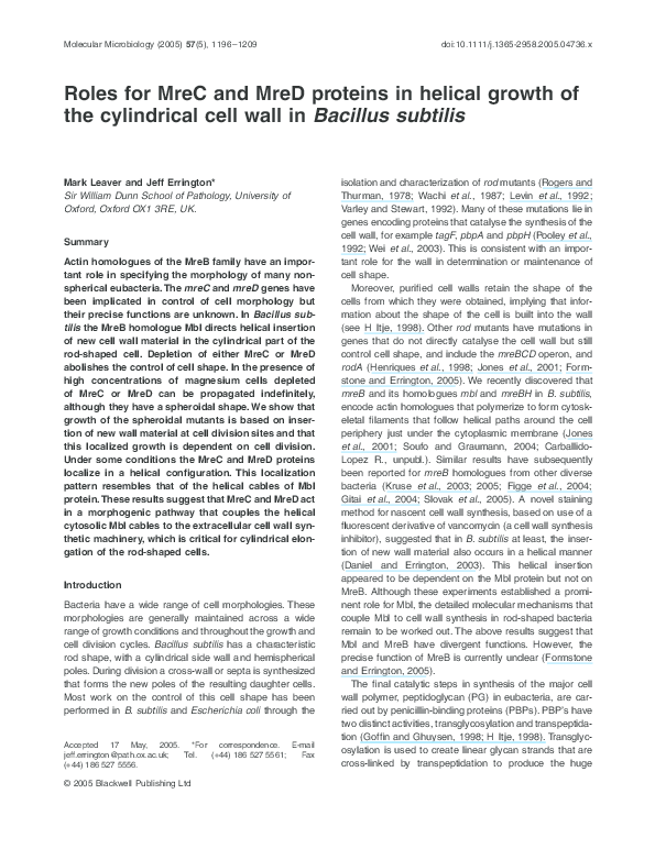 (PDF) Roles for MreC and MreD proteins in helical growth of the ...