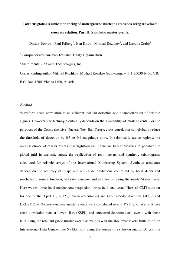 (PDF) The use of synthetic master events for waveform cross correlation