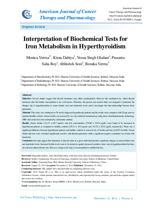 (PDF) Interpretation of Biochemical Tests for Iron Metabolism in ...