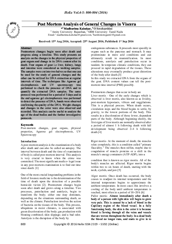 (PDF) Post Mortem Analysis of General Changes in Viscera