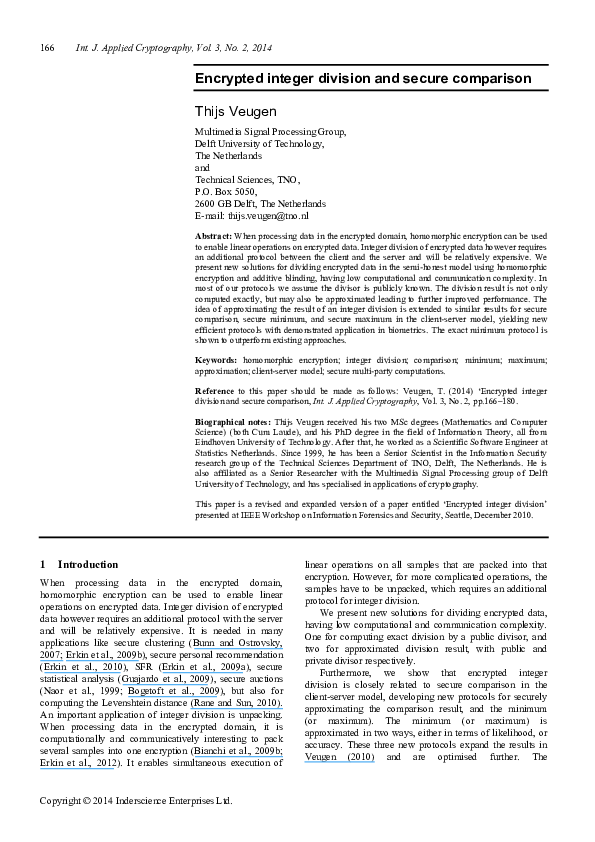 (PDF) Encrypted integer division and secure comparison