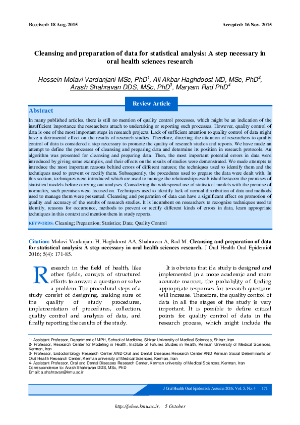 Pdf Cleansing And Preparation Of Data For Statistical Analysis A Step Necessary In Oral