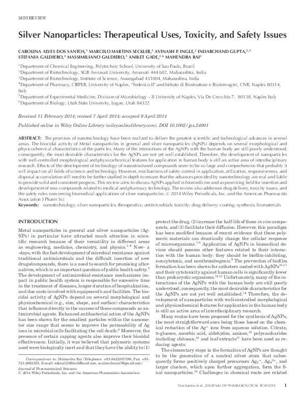 (PDF) Silver Nanoparticles: Therapeutical Uses, Toxicity, and Safety Issues