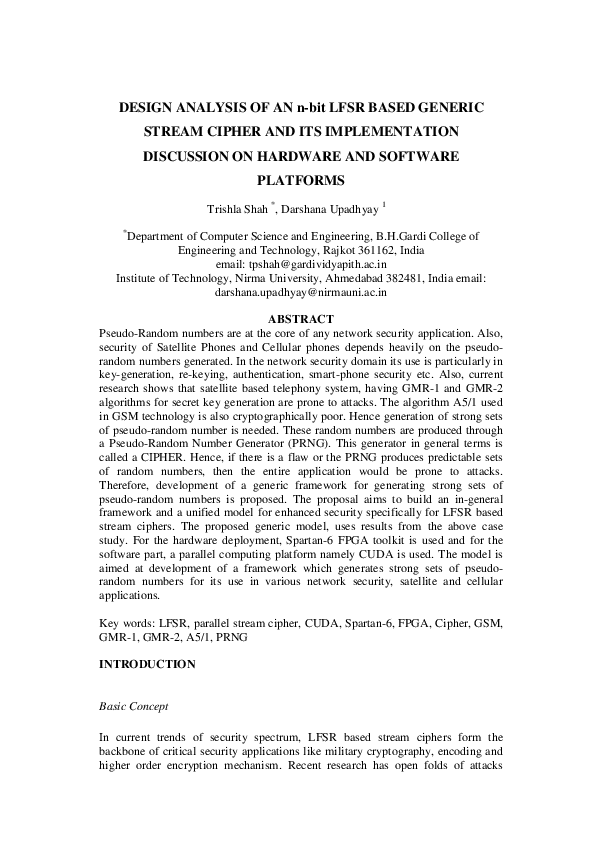 Pdf Design Analysis Of An N Bit Lfsr Based Generic Stream Cipher And Its Implementation