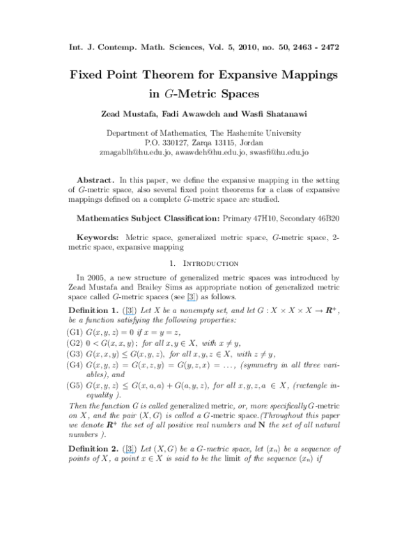 (PDF) Fixed point theorem for expansive mappings in G-metric spaces