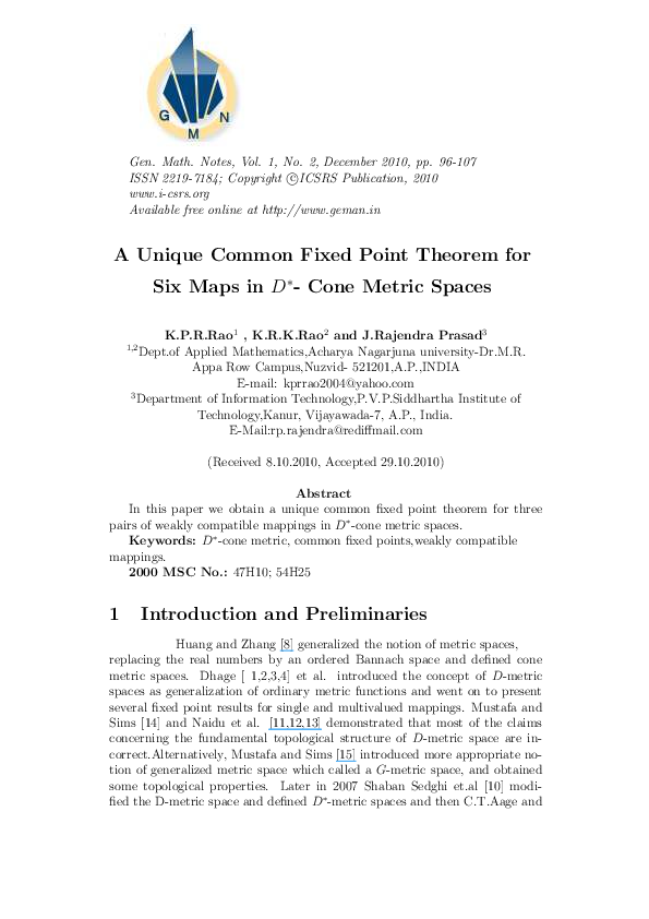 Pdf A Unique Common Fixed Point Theorem For Six Maps In D Cone Metric Spaces