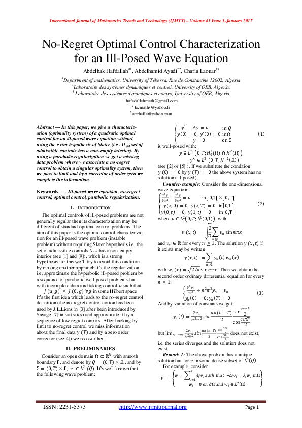(PDF) No-Regret Optimal Control Characterization for an Ill-Posed Wave Equation