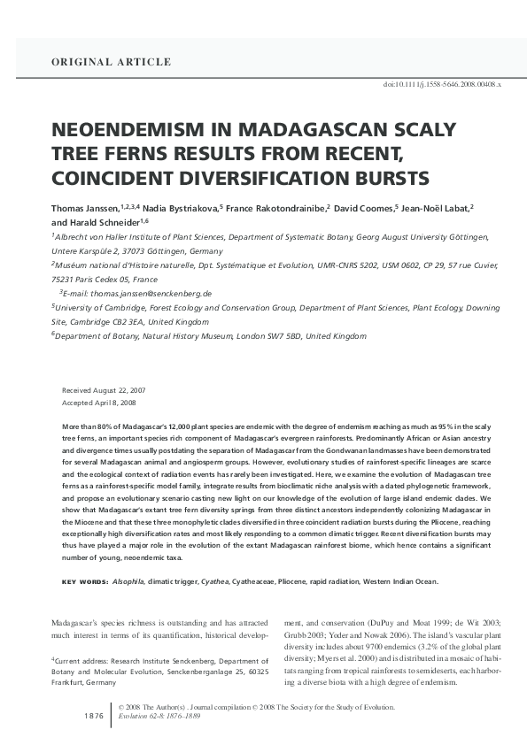 (PDF) Neoendemism in Madagascan Scaly Tree Ferns Results from Recent ...