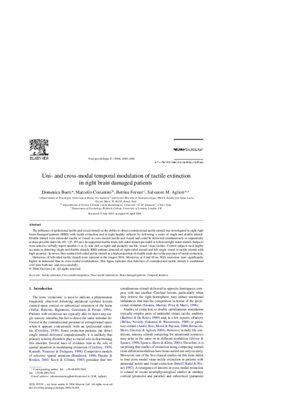 Pdf Uni And Cross Modal Temporal Modulation Of Tactile Extinction In