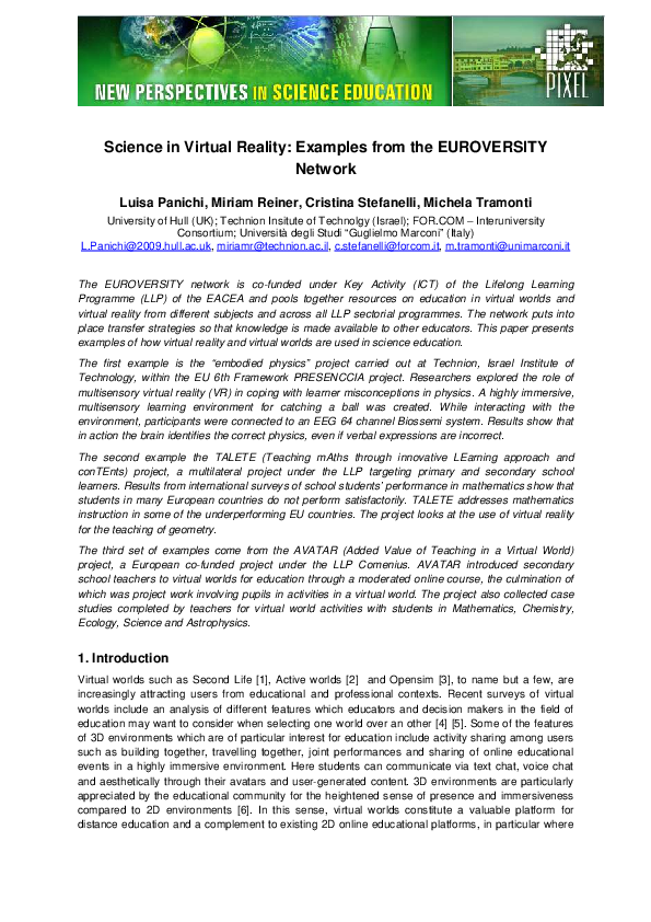 (PDF) Science in Virtual Reality: Examples from the EUROVERSITY Network