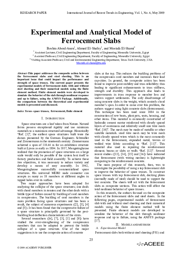(PDF) Experimental and Analytical Model of Ferrocement Slabs