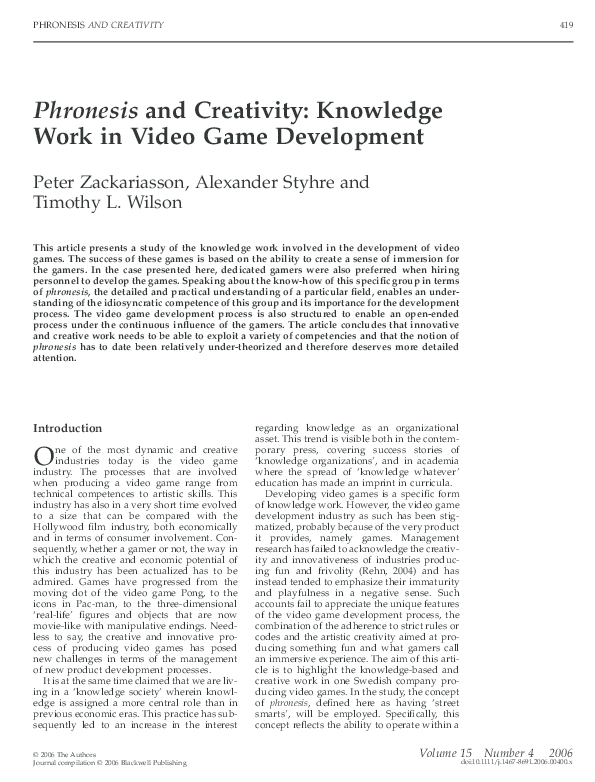 (PDF) Phronesis and Creativity: Knowledge Work in Video Game Development