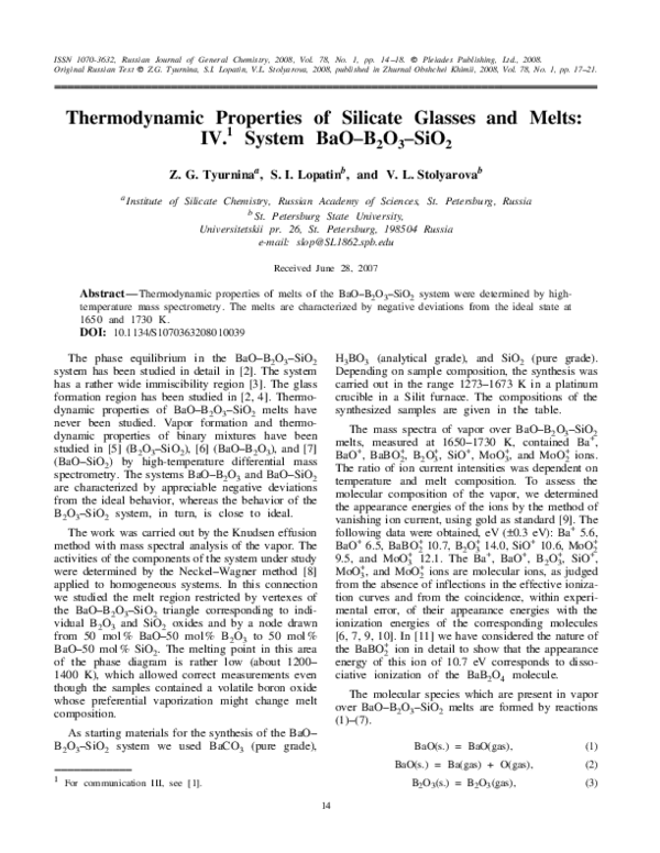 Pdf Thermodynamic Properties Of Silicate Glasses And Melts Iv System Bao B2o3 Sio2