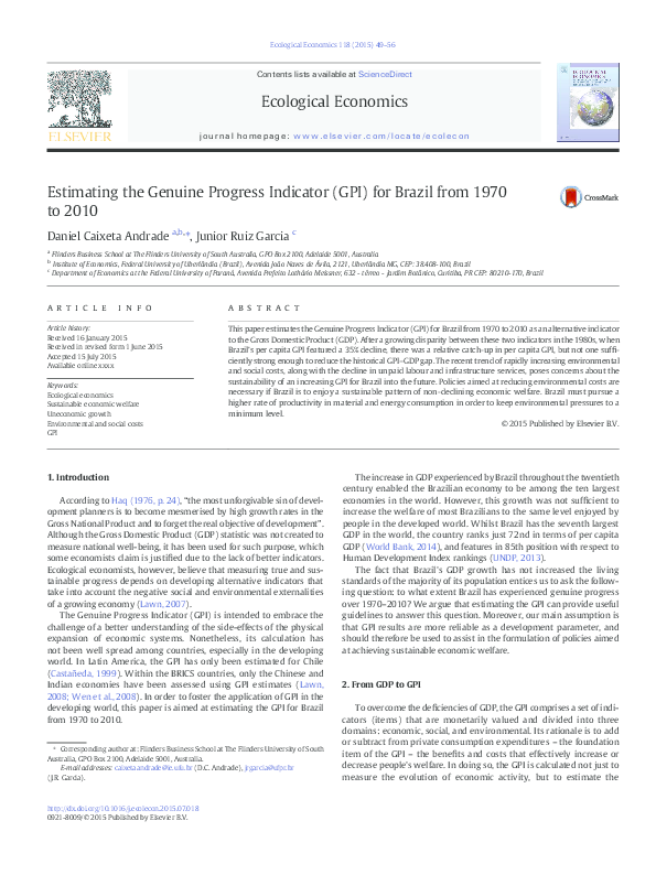 (PDF) Estimating the Genuine Progress Indicator (GPI) for Brazil from 1970 to 2010