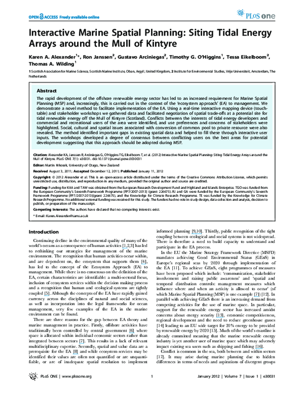 (PDF) Interactive Marine Spatial Planning: Siting Tidal Energy Arrays around the Mull of Kintyre