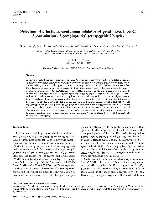 Pdf Selection Of A Histidine Containing Inhibitor Of Gelatinases Through Deconvolution Of