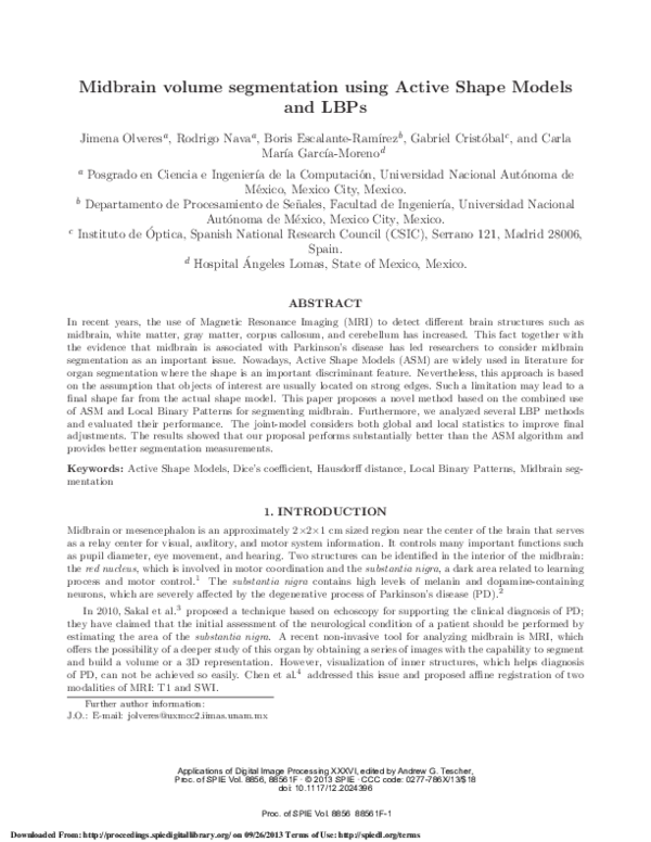 (PDF) Midbrain volume segmentation using active shape models and LBPs