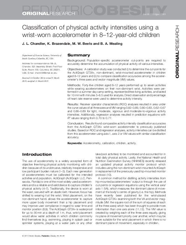 (PDF) Classification of physical activity intensities using a wrist-worn accelerometer in 8-12 ...