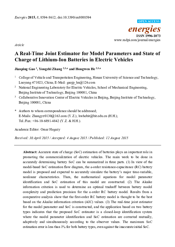 Pdf A Real Time Joint Estimator For Model Parameters And State Of Charge Of Lithium Ion