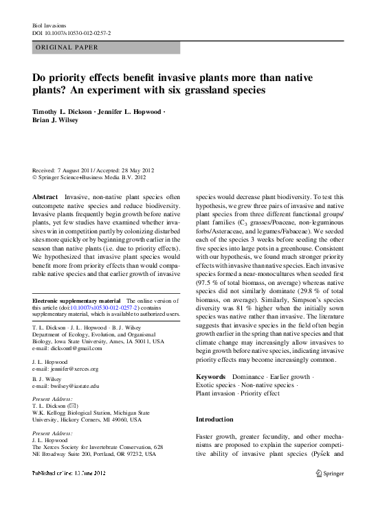 (PDF) Do priority effects benefit invasive plants more than native ...