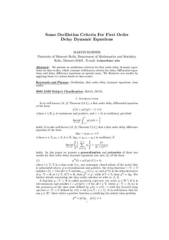 Pdf Some Oscillation Criteria For First Order Delay Dynamic Equations