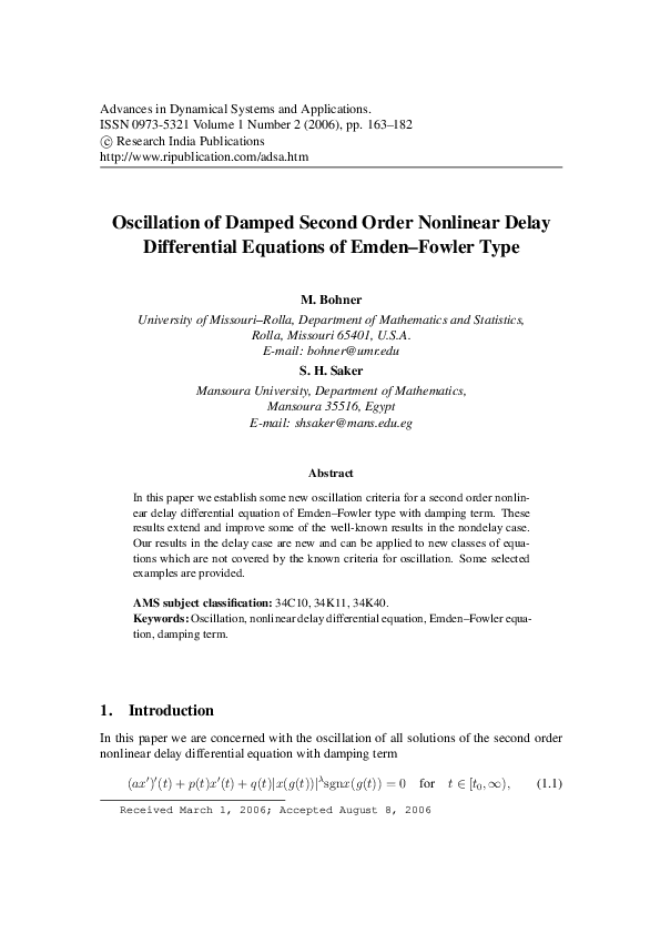Pdf Oscillation Of Damped Second Order Nonlinear Delay Differential Equations Of Emden Fowler Type