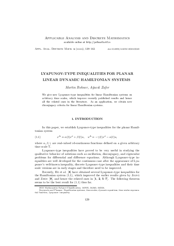 (PDF) Lyapunov-type inequalities for planar linear dynamic Hamiltonian ... (PDF) Lyapunov-type inequalities for planar linear dynamic Hamiltonian ...
