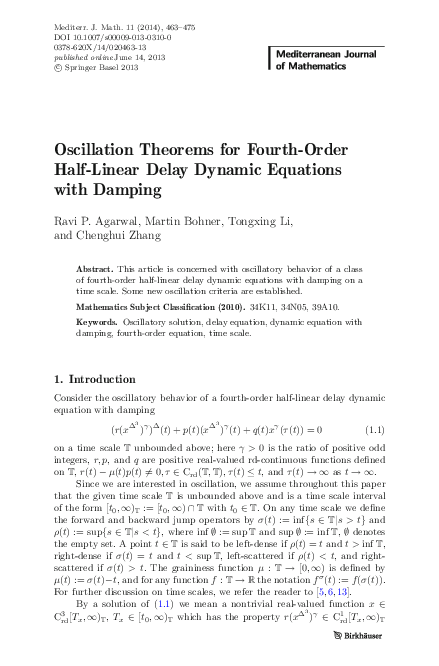 (PDF) Oscillation Theorems for Fourth-Order Half-Linear Delay Dynamic Equations with Damping