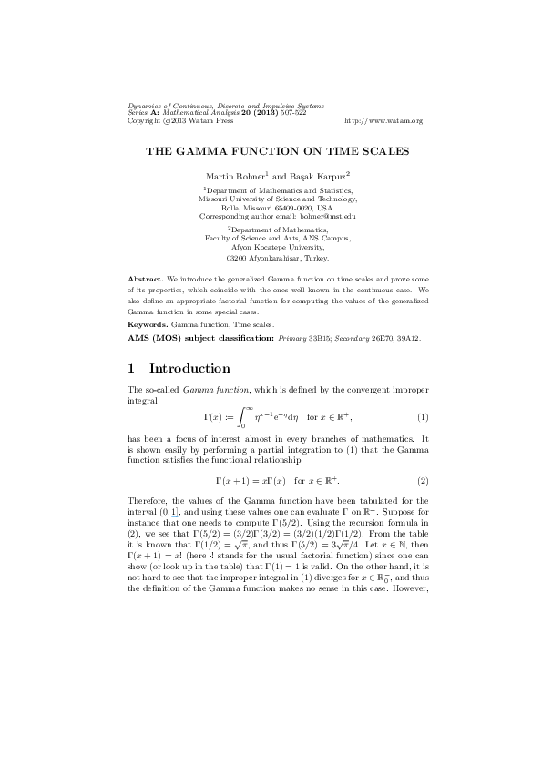 (PDF) Generalized Gamma Function on Time Scales