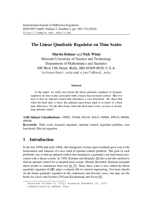 (PDF) The linear quadratic regulator on time scales
