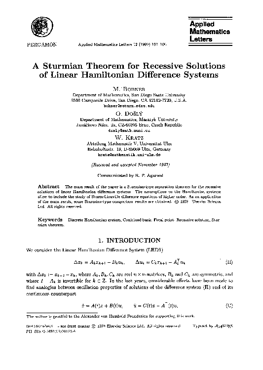 (PDF) A Sturmian theorem for recessive solutions of linear Hamiltonian ...