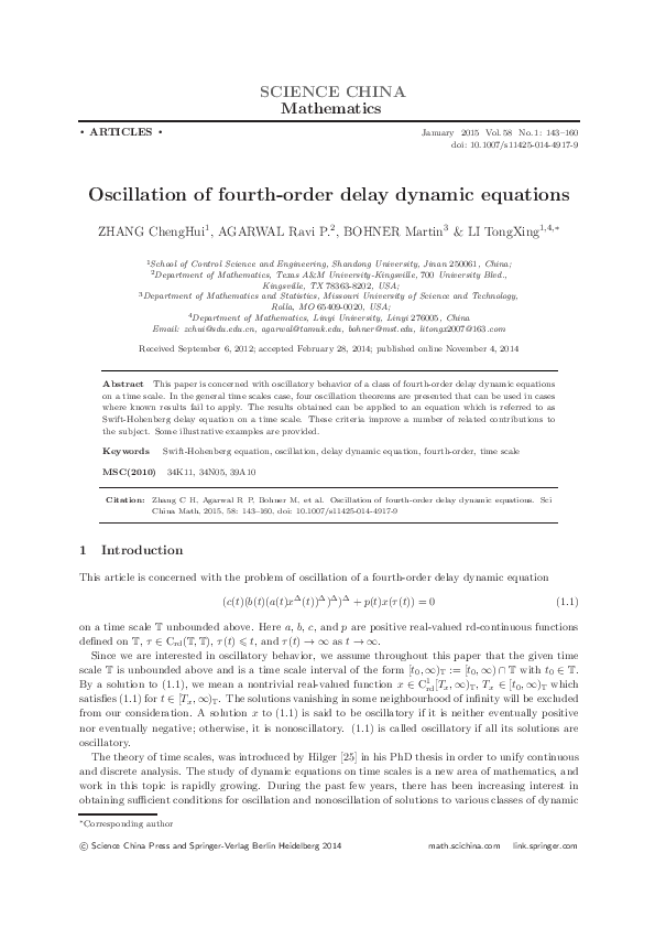 Pdf Oscillation Of Fourth Order Delay Dynamic Equations Martin Bohner