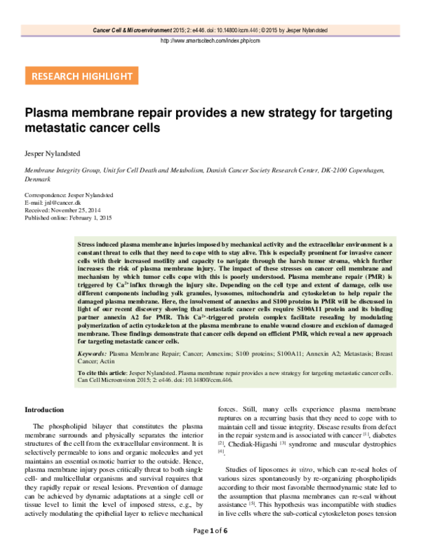 (PDF) Plasma membrane repair provides a new strategy for targeting ...