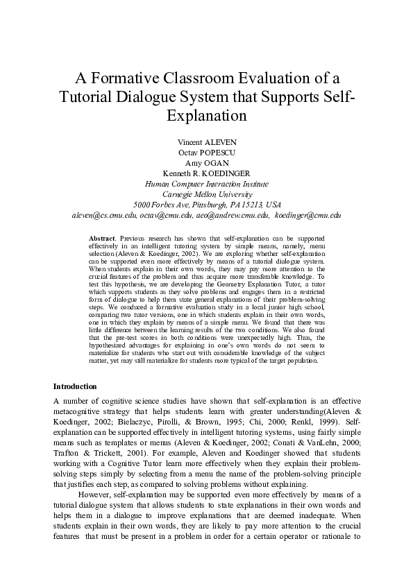 (PDF) A formative classroom evaluation of a tutorial dialogue system that supports self-explanation