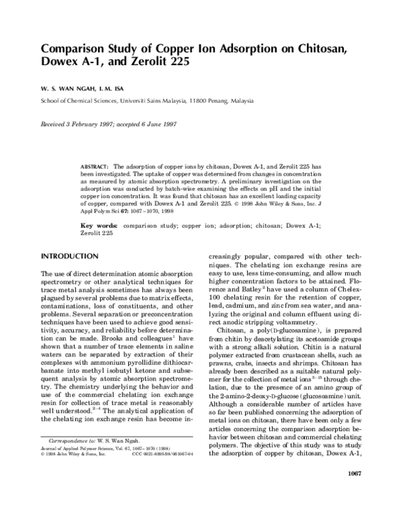 (PDF) Comparison study of copper ion adsorption on chitosan, Dowex A-1 ...