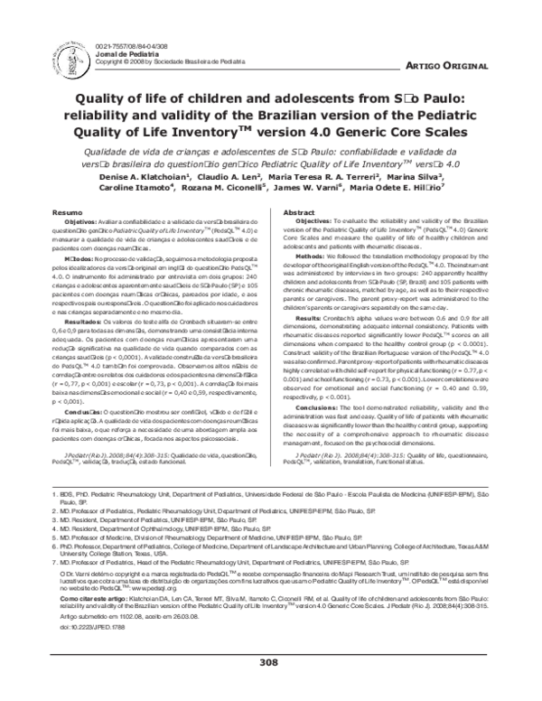 (PDF) Quality of life of children and adolescents from São Paulo ...