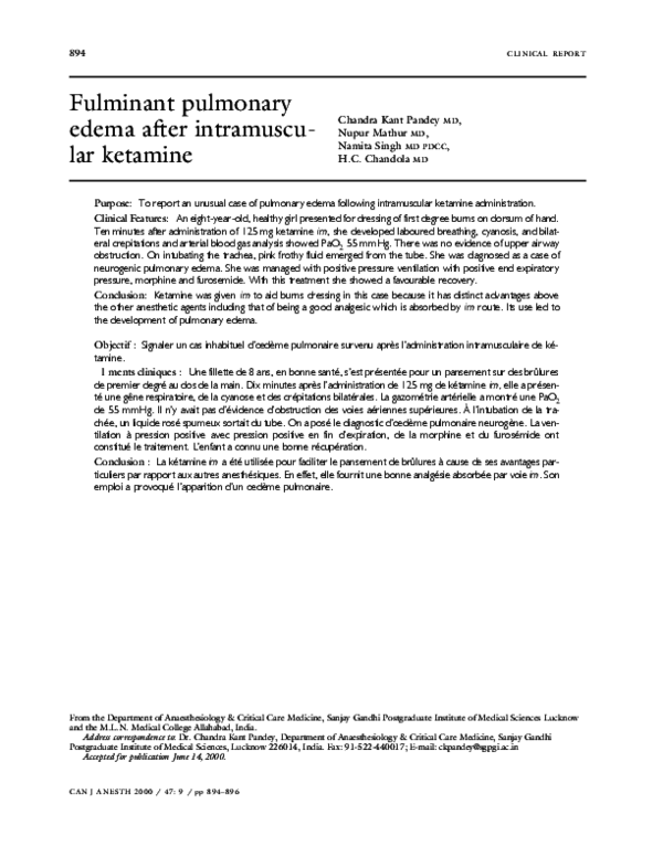 (PDF) Fulminant pulmonary edema after intramuscular ketamine