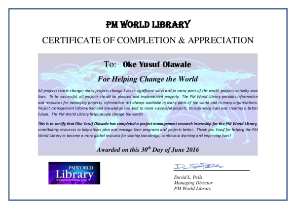 (PDF) PM World Library CERTIFICATE OF COMPLETION & APPRECIATION To ...