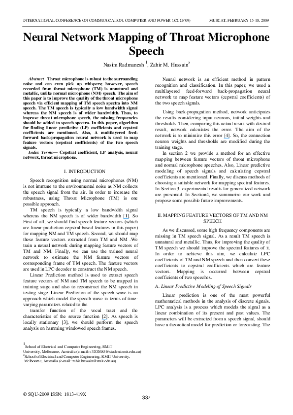 (PDF) Neural Network Mapping of Throat Microphone Speech | Zahir M Hussain - Academia.edu